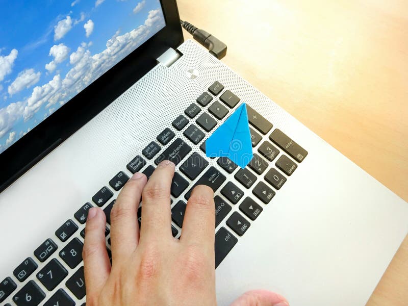 Typing on Laptop Keyboard To Compose Message and Send. Stock Photo ...