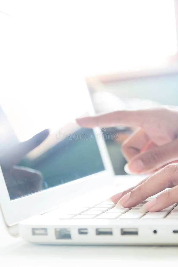 Hand on Keyboard and Point To Screen of Laptop, Business Concept Stock ...