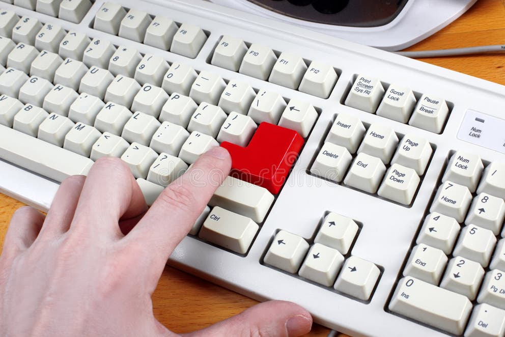 Hand and Keyboard with Red Button Stock Image - Image of blank ...