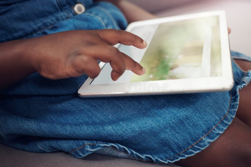 Hand, Kid and Tablet Screen on Sofa for Elearning, Education or ...