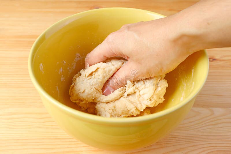 Hand Kneading Bread Dough in a Mixing Bowl Stock Image - Image of ...