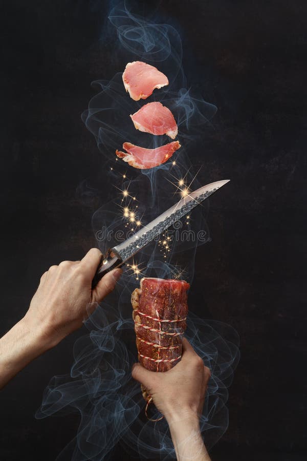Hand with Knife Cutting Smoked Beef Ham Stock Photo - Image of loin ...