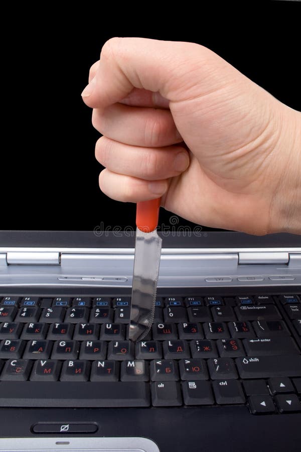 Hand With A Knife In The Laptop Stock Photo - Image of keyboard, stress ...