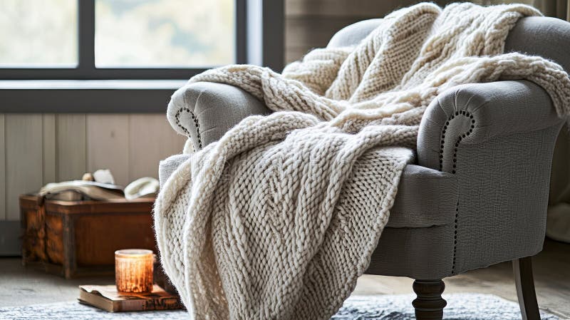Hand-knit Throw Blankets Draped Over a Cozy Armchair. Stock Image ...