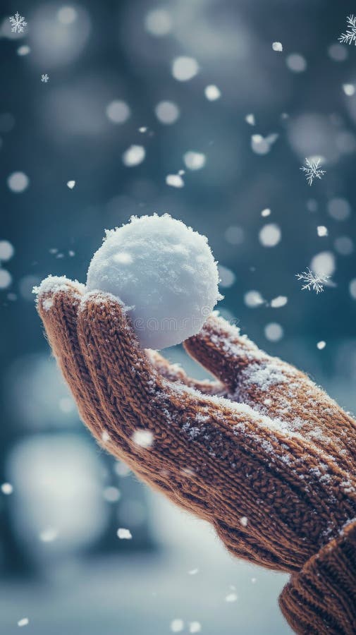 Hand in Knitted Glove Holding a Snowball in Falling Snow Stock Image ...