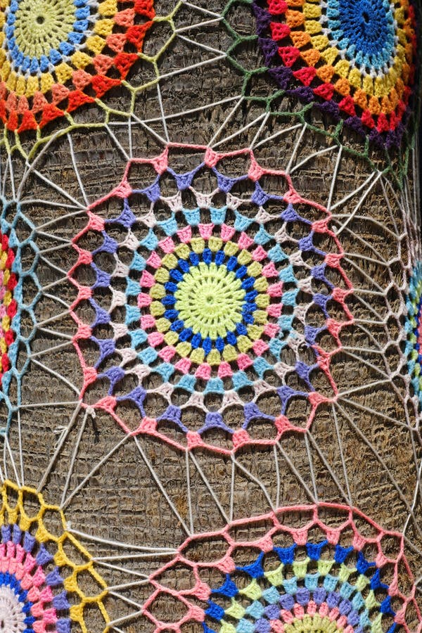 Hand-Knitted Tree Trunk Decoration with Colorful Patterns Stock Image ...