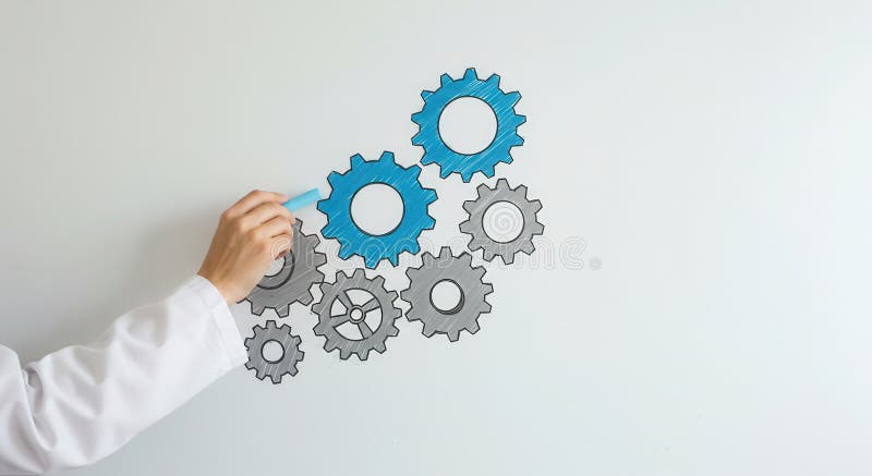 Hand Draws Connecting Gears with Chalk Representing Teamwork and ...