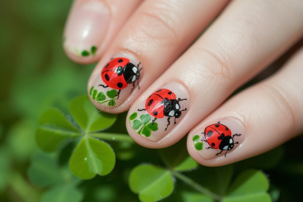 Hand with a Ladybug Painted on the Thumb Nail Over Clover Stock Photo ...