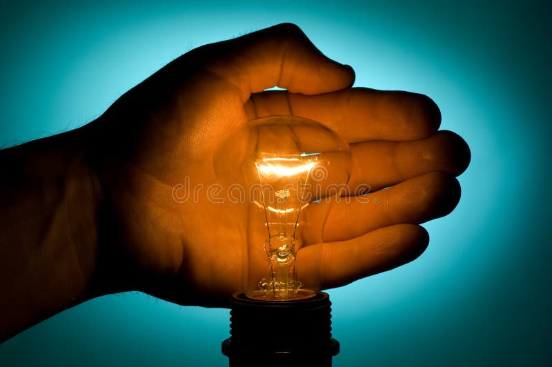 Hand Touching the Virtual Light Bulb with Brain. Creative New Business ...