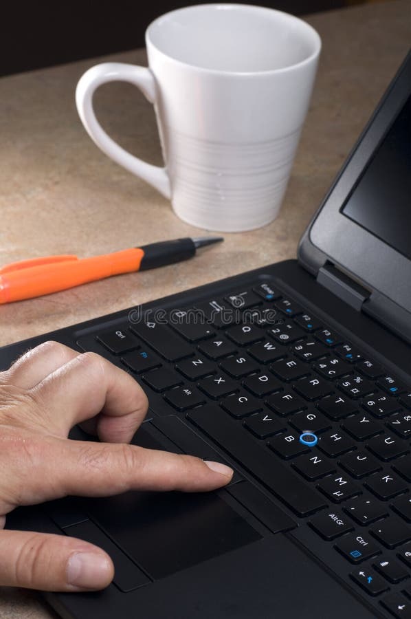 Hand with Laptop Computer and Coffee Cup Stock Image - Image of letters ...
