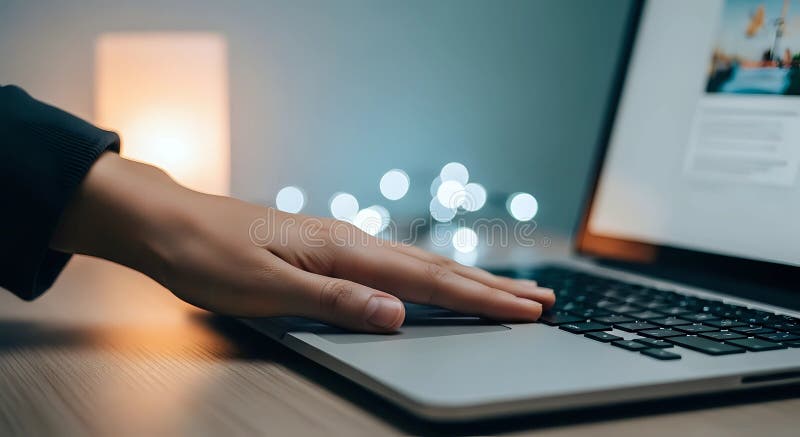 Hand on Laptop Trackpad in Modern Workspace with String Lights Stock ...
