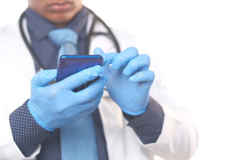 Hand in Latex Gloves Using Smart Phone Isolated on White Stock Photo ...