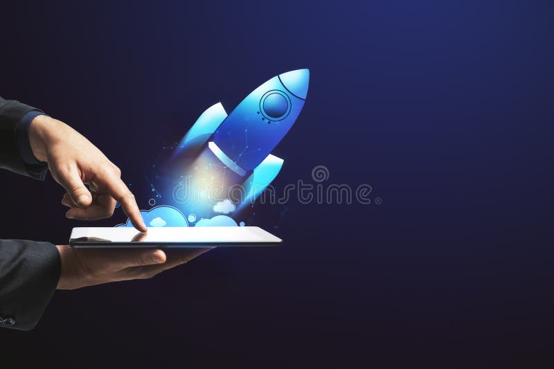 Hand Launching Digital Rocket from Tablet. Stock Photo - Image of ...