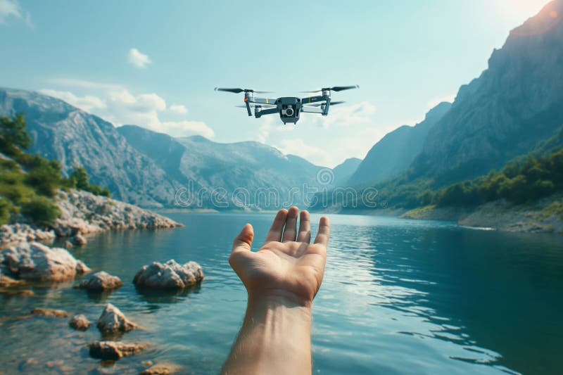 Hand Launching Drone by Mountain Lake Stock Photo - Image of environment, hand: 313411722