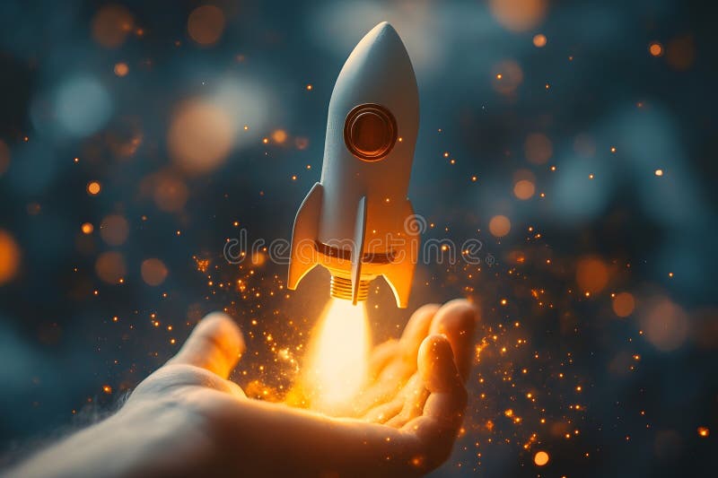 Hand Launching Rocket with Glowing Flames, Concept of Innovation ...