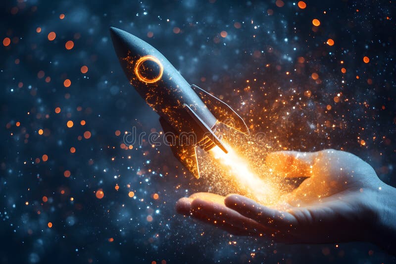 Hand Launching Rocket with Glowing Flames, Concept of Innovation ...