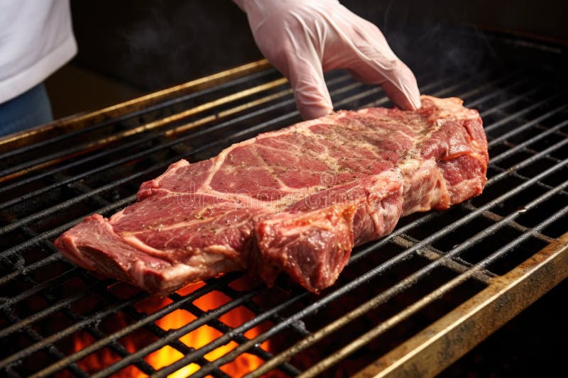 Hand Laying Out T-bone Steak on a Hot Grill Grate Stock Illustration ...