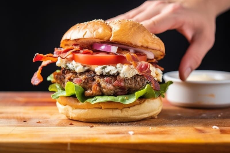 Hand Lifting the Bun To Reveal the Toppings of a Bacon Cheeseburger ...