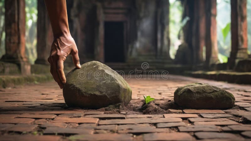 Hand Lifting Stone on Ancient Brick Pathway Stock Illustration ...