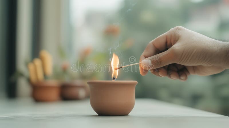 A Hand is Lighting a Candle in a Small Bowl. Generative AI Stock ...