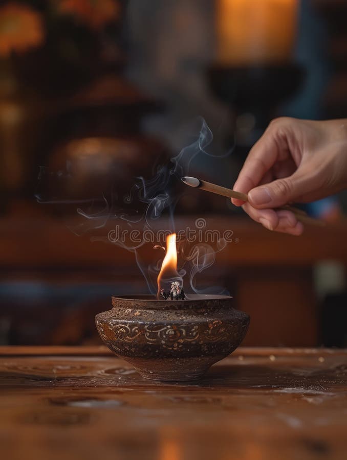 A Hand Lighting Incense with a Matchstick, Emitting Smoke. Stock Image ...