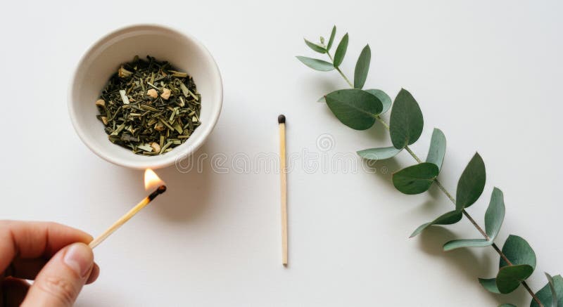 Hand Lighting Match Next To Herbal Bowl and Eucalyptus on White Surface ...