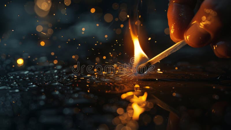Hand Lighting a Matchstick with Sparks and Fire in a Dark, Reflective ...