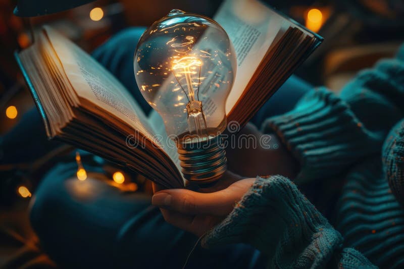 Hand Lights Glowing Bulb from Book, Symbolizing Creative Spark and ...
