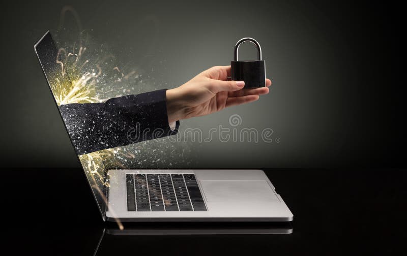 Hand with Lock Coming Out of a Laptop Stock Photo - Image of finger ...