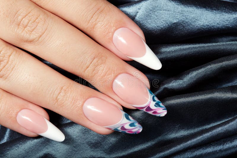 Hand with Long Artificial French Manicured Nails Stock Photo - Image of ...