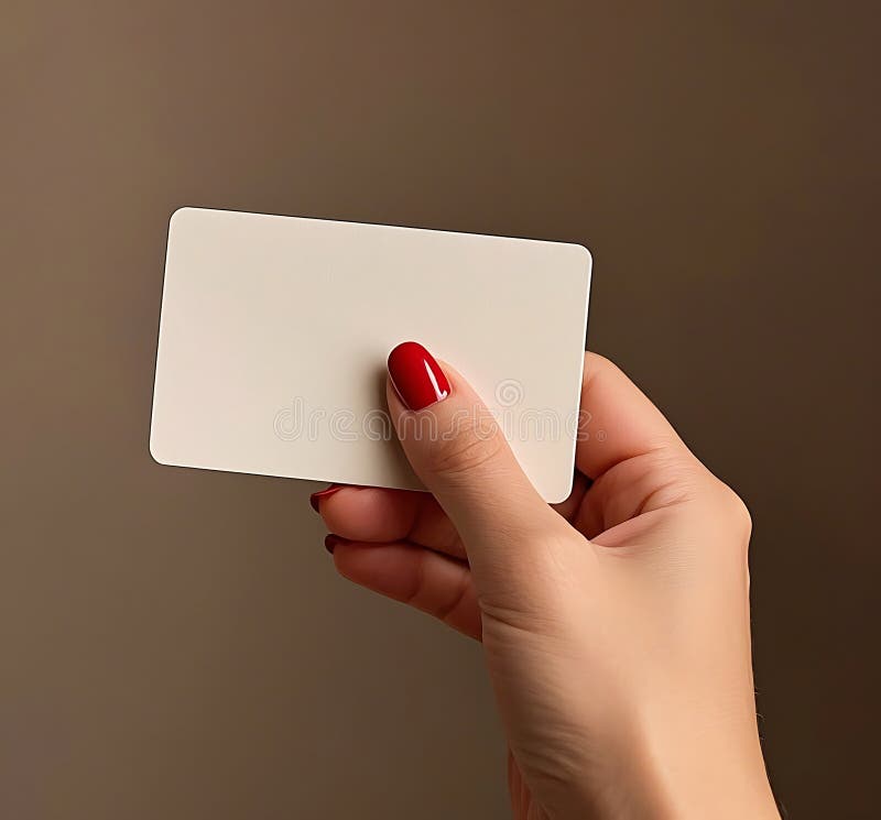 Female Hands with Long, Glossy Red Nails Hold a Small, Blank White Card ...
