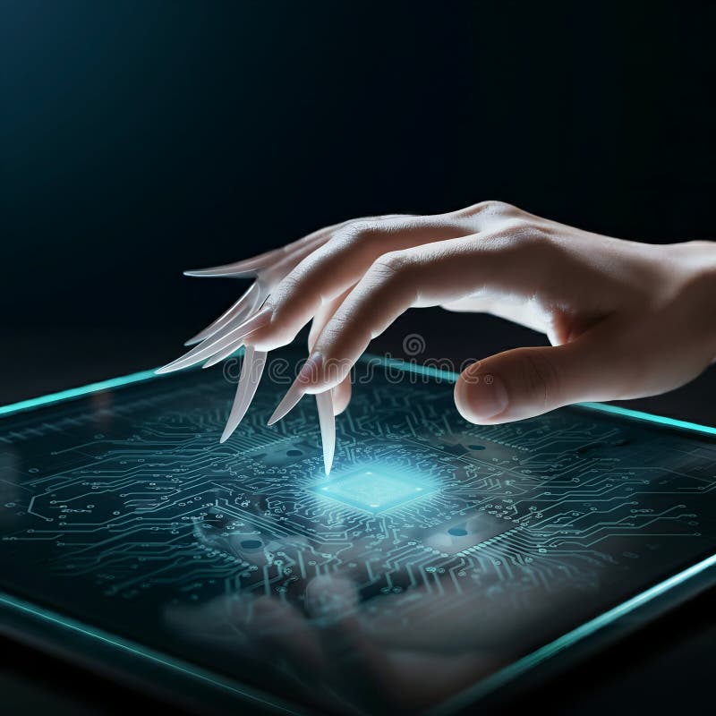 Hand with Long, Pointed Nails Touching Glowing Computer Circuit Board ...