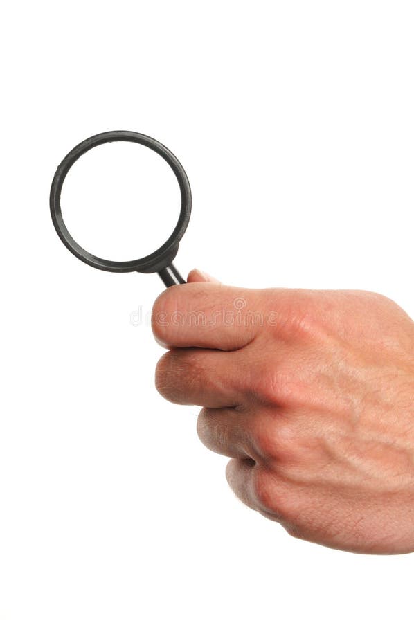 Hand of Man with Loupe and Sheet of Paper on Blue Surface, Top View ...