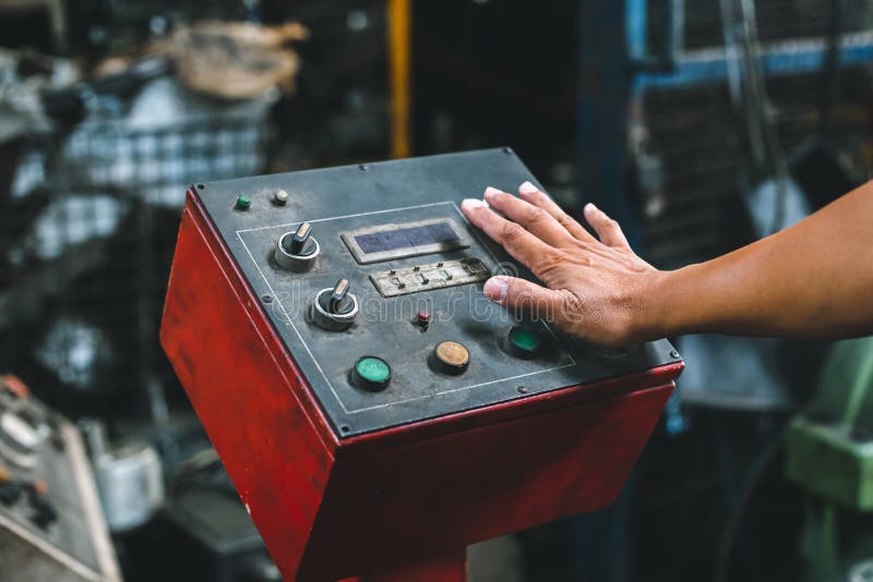 Hand of Machine Engineer are Pressing Button Power Execute Machine ...