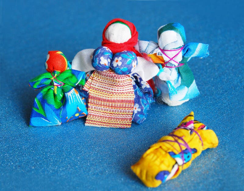Hand-made Colorful Dolls on Blue Background Stock Photo - Image of ...