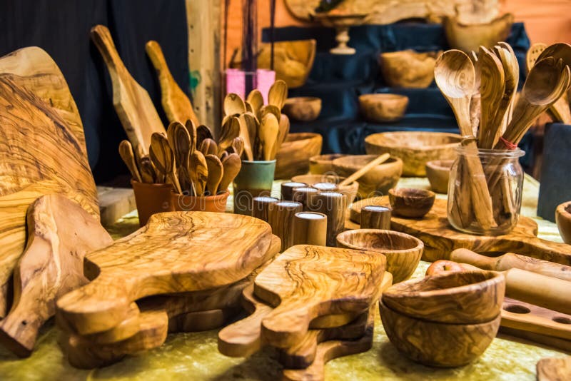 Hand Made Dishes Made of Olive Wood. Germany Stock Photo - Image of ...