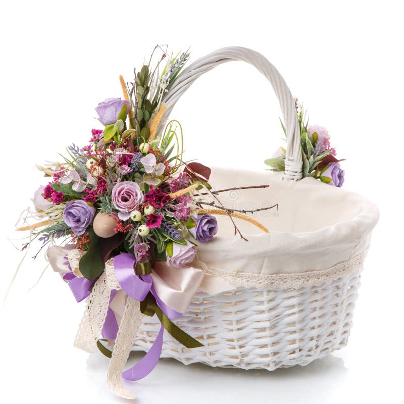 Easter Basket. Brown Wicker Basket with Colorful Floral Decor and ...