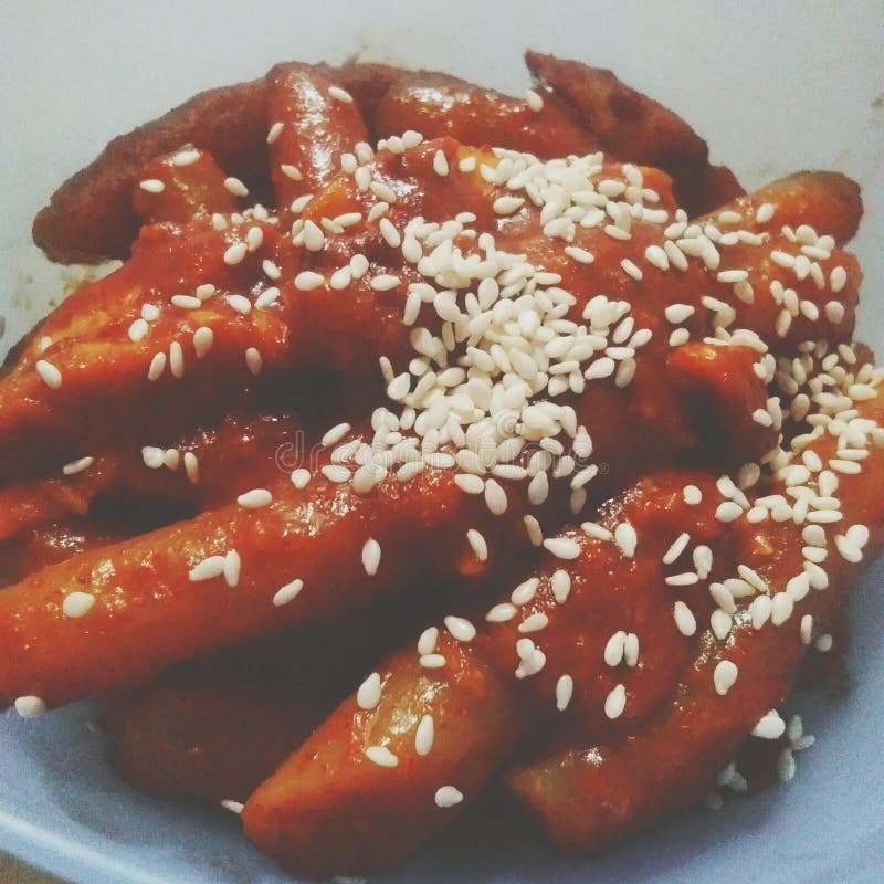 Hand Made Korean Toppoki with Red Sauce Stock Photo - Image of fish ...