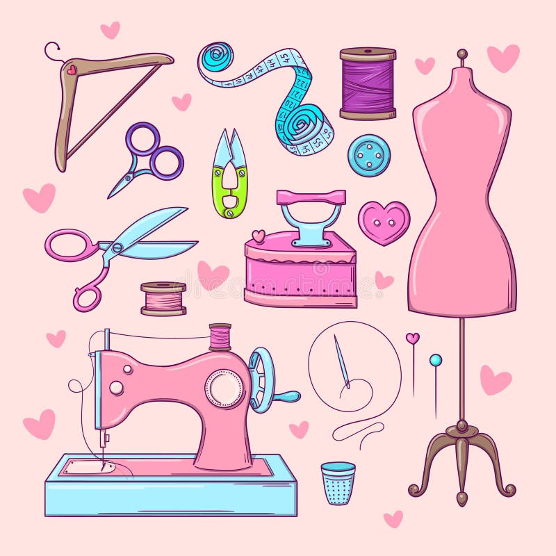 Hand Made. Set of Elements for Sewing in Doodle Style Stock Vector ...