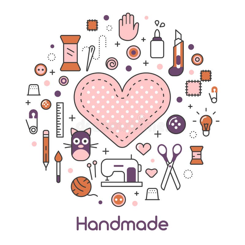 Hand Made Sewing Crafting Line Art Thin Icons Set with Tools and ...