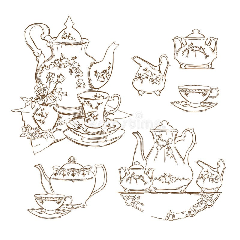 Hand Made Sketch of Tea Sets. Vector Illustration. Stock Illustration ... Hand Made Sketch of Tea Sets. Vector Illustration. Stock Illustration ...