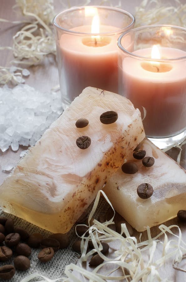 Hand-made Soap, Bath Salt, Candles & Coffee Beans Stock Photo - Image ...