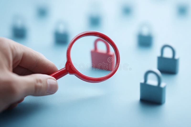 Hand with Magnifying Glass Focusing on a Red Padlock among Gray Ones ...