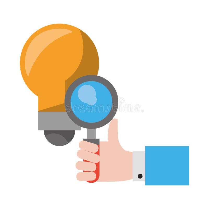 Hand with Magnifying Glass and Light Bulb Stock Vector - Illustration ...