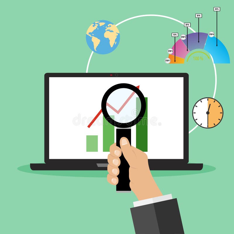 A Hand with a Magnifying Glass is Looking at a Graph on a Laptop Stock ...