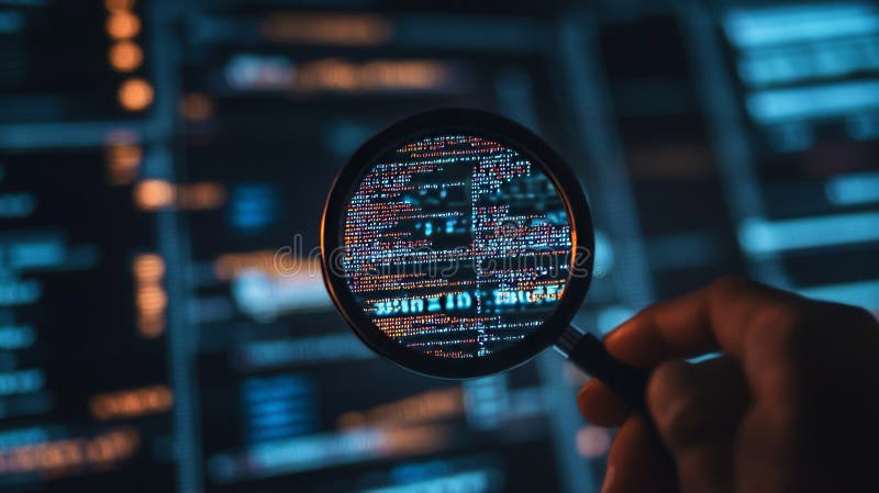 Hand with Magnifying Glass Over Digital Code Interface for Analyzing ...