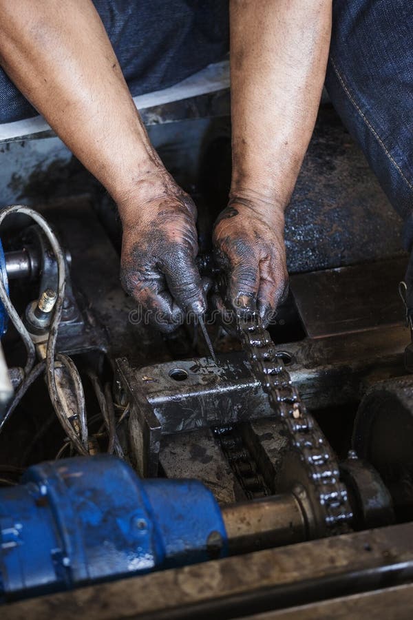 Hand during Maintenance Work of Chain Stock Image - Image of dirty ...
