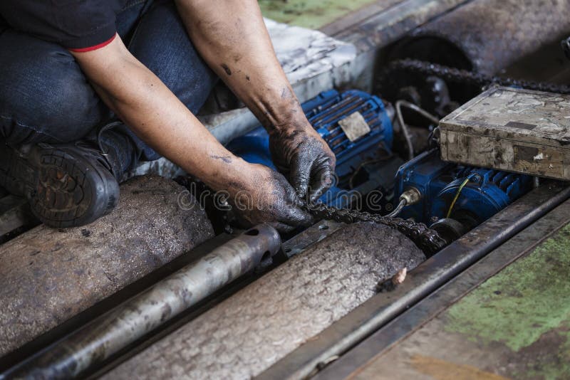 Hand during Maintenance Work of Chain Stock Image - Image of dirty ...