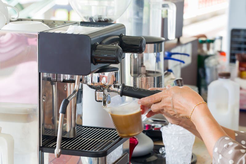 Hand Make a Latte Cup of Coffee Machine. Stock Image - Image of ...