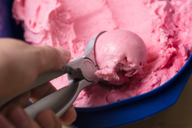 Hand Makes Pink Ice Cream Ball with Ice Cream Scoop Stock Photo - Image ...